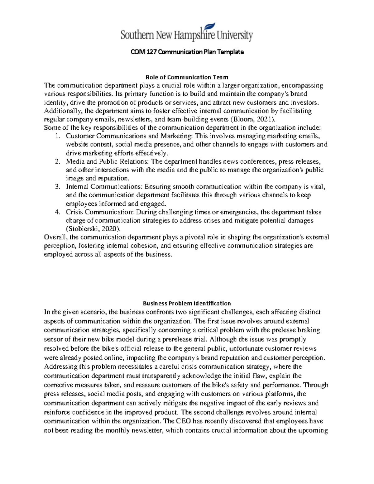 Submit COM 127 Communication Plan Template - COM 127 Communication Plan ...