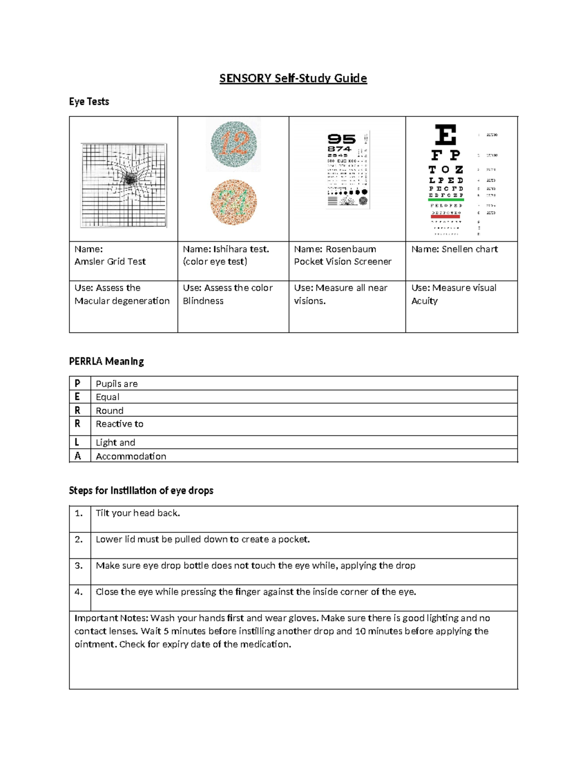 Sensory self-study guide-1 - SENSORY Self-Study Guide Eye Tests Name ...