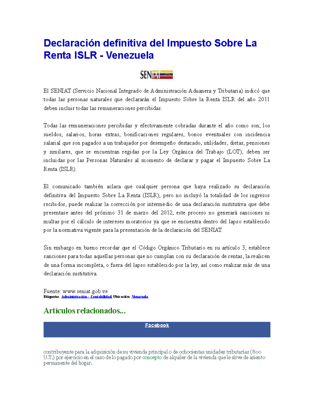 Declaración definitiva del Impuesto Sobre La Renta ISLR - Declaración ...