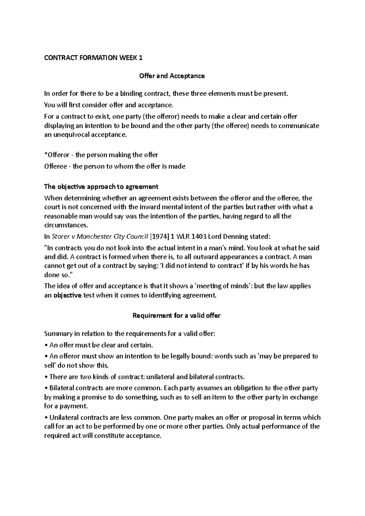 Offer AND Acceptance BPP Notes - CONTRACT FORMATION WEEK 1 Offer and ...