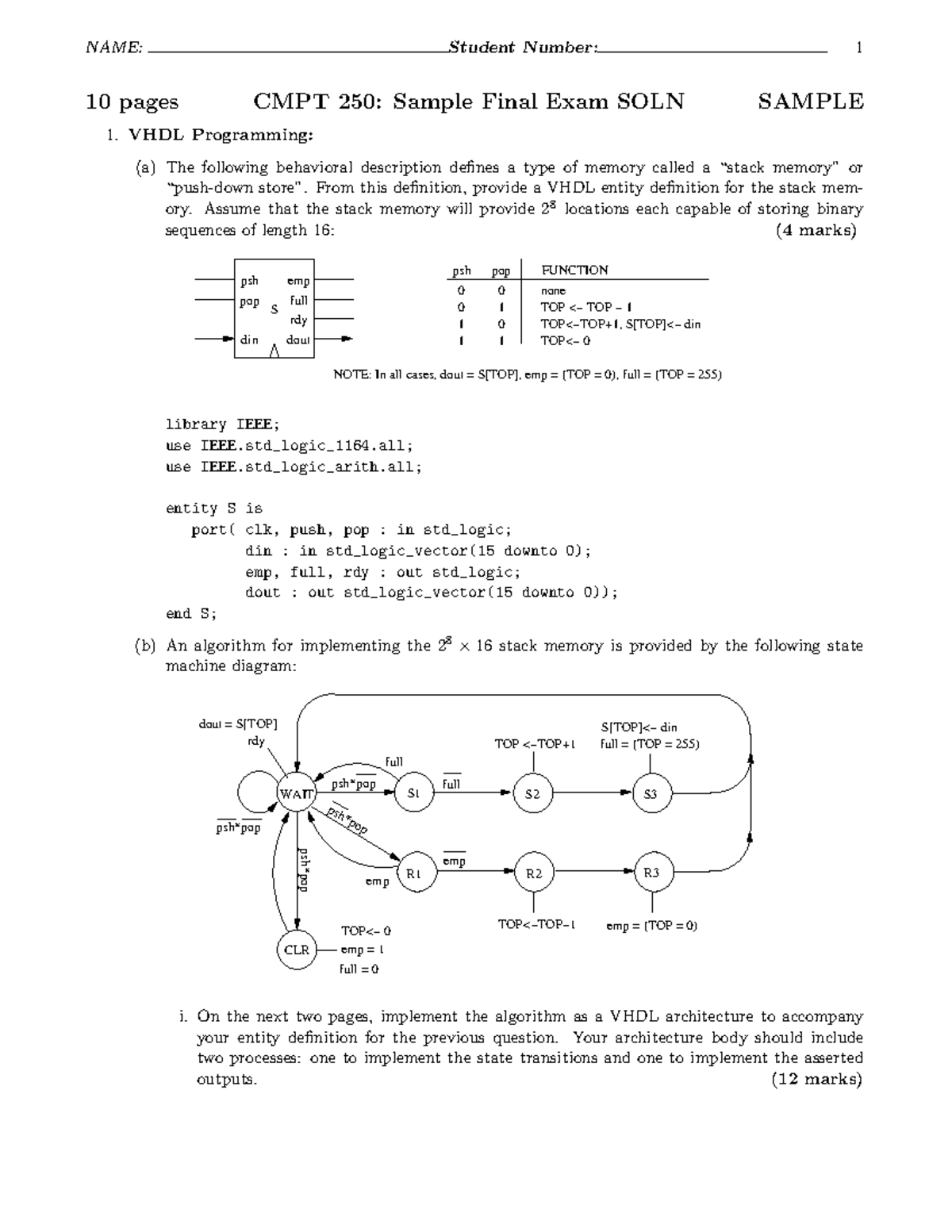 Exam-113SAMPLESOLN.pdf - NAME: Student Number: 10 pages 1 CMPT 250 ...