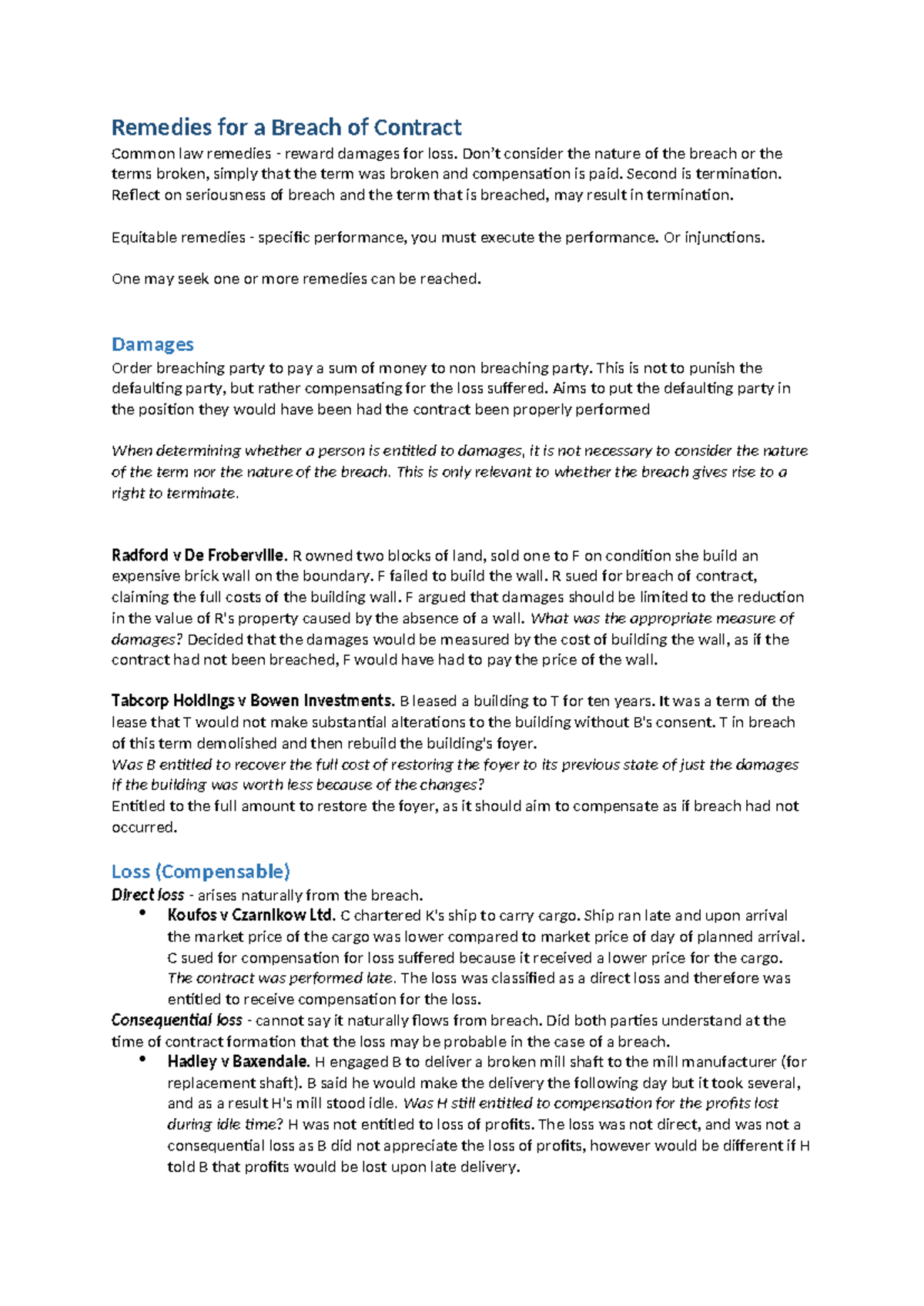 BLAW Week 7 Notes - Breach of Contract - Remedies for a Breach of ...