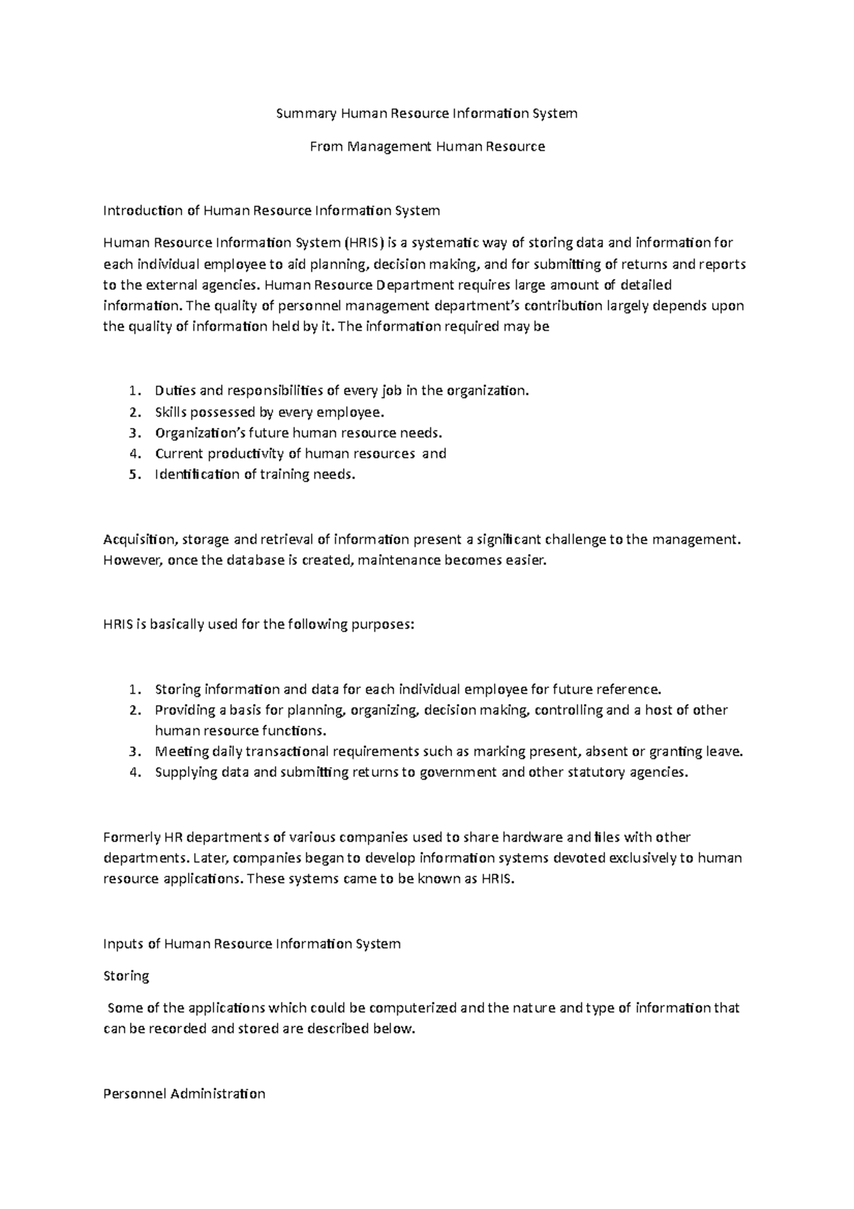 Summary Human Resource Information System From Management Human ...