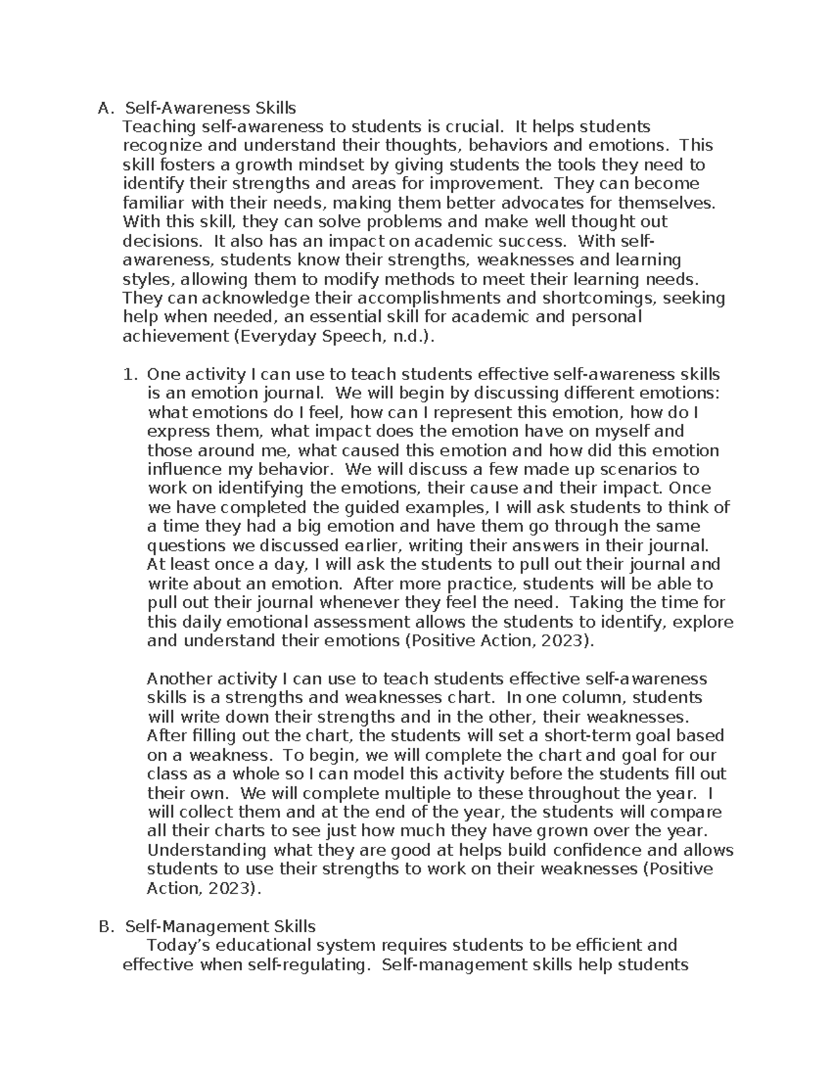 D186 Task 4 - Passed - A. Self-Awareness Skills Teaching self-awareness ...