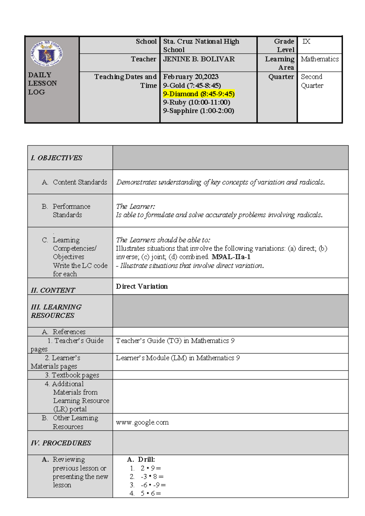 Quarter 2 COT - Class observation - DAILY LESSON LOG School Sta. Cruz ...