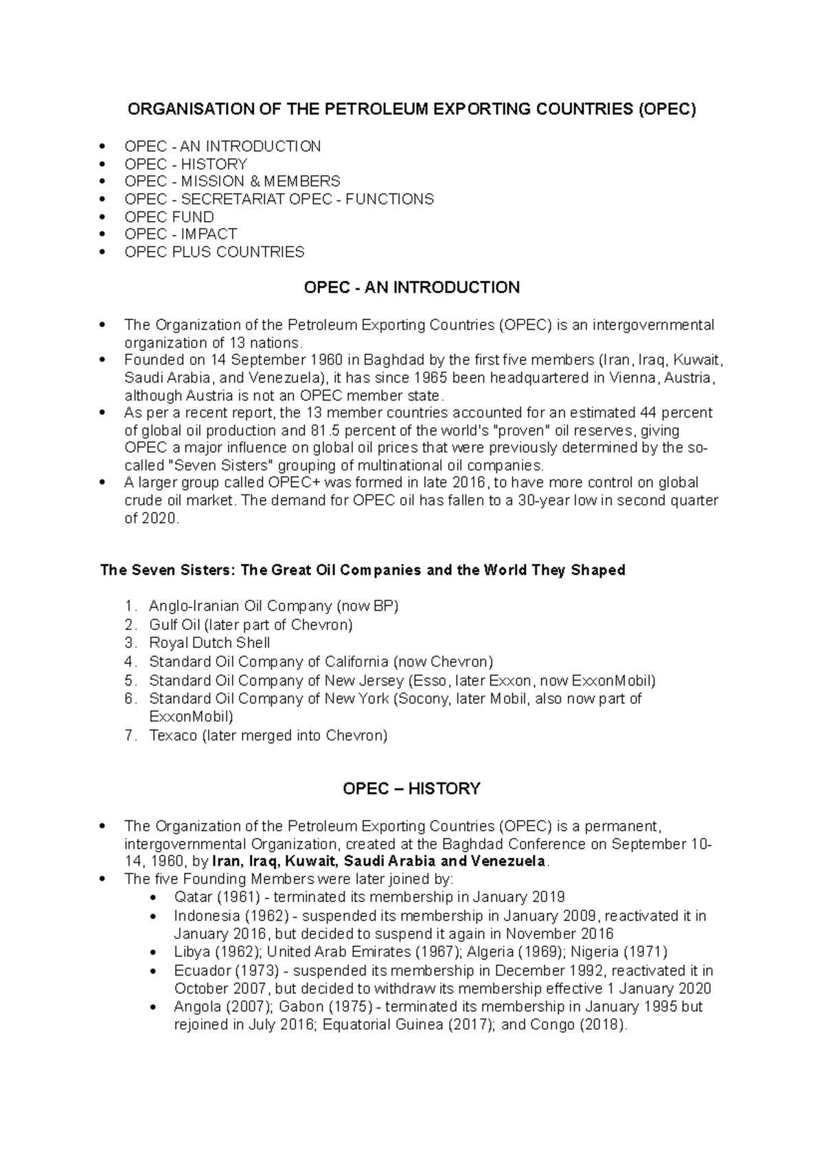 OPEC - a basic information about opec countries history formation ...