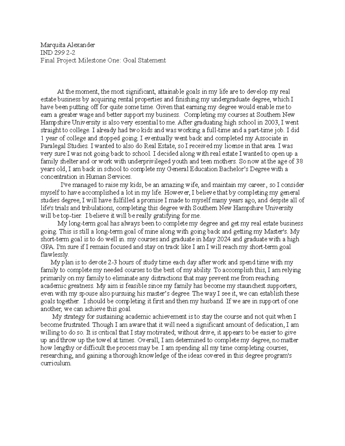 2-2 Final project milestone 1 Goal statement - Marquita Alexander IND ...