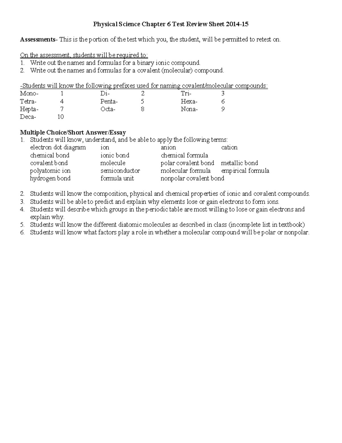 Physical Science Chap 6 Reviewsheet 2014-15 - Physical Science Chapter ...