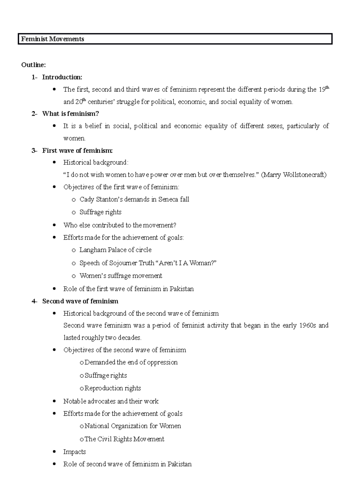 Feminist Movements - Feminist Movements Outline: 1- Introduction: The ...