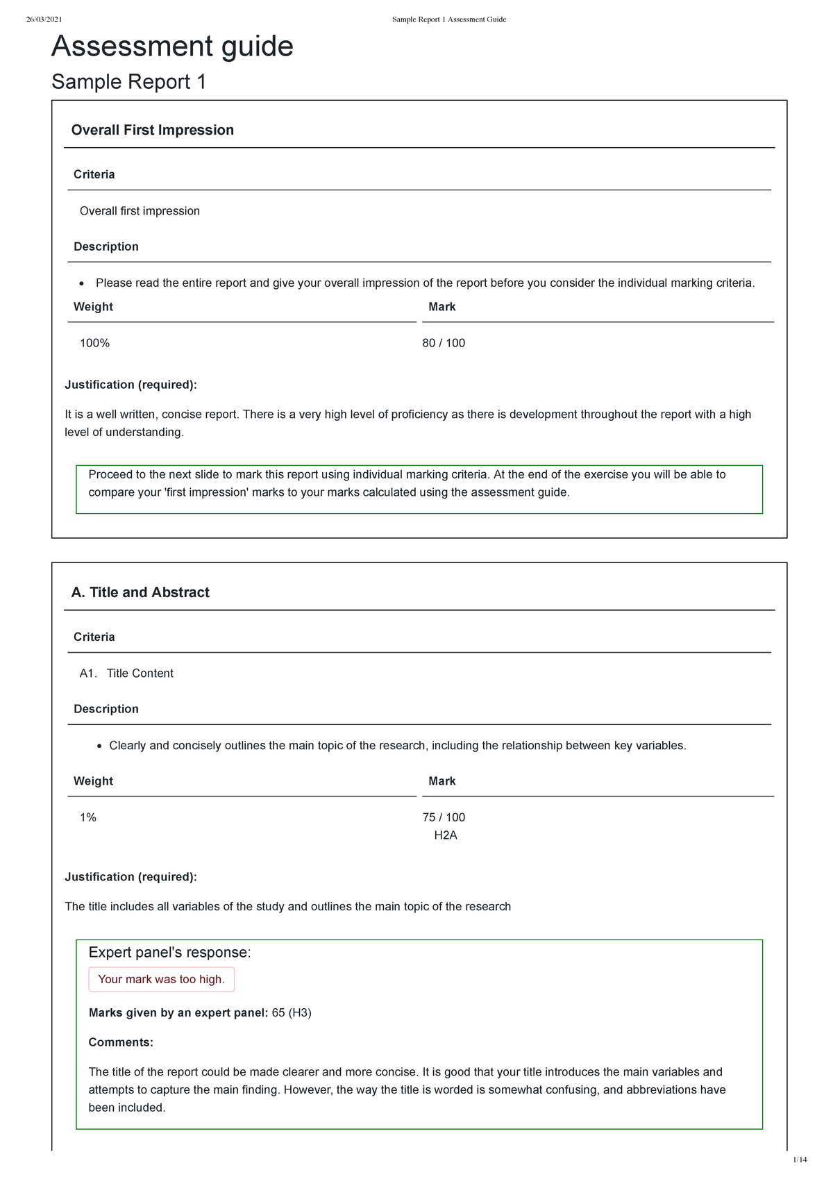 Sample Report 1 Assessment Guide - Assessment guide Sample Report 1 ...