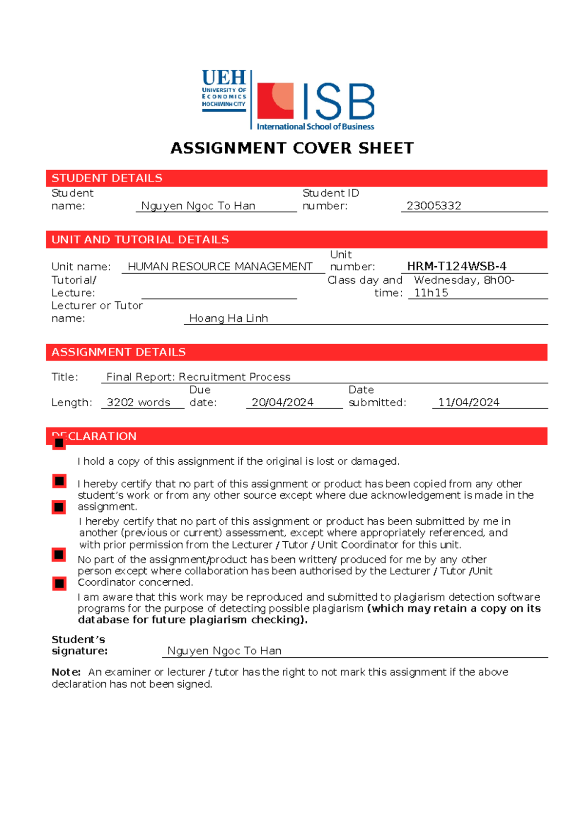 Individual Assignment Cover Sheet ISB - ASSIGNMENT COVER SHEET STUDENT ...