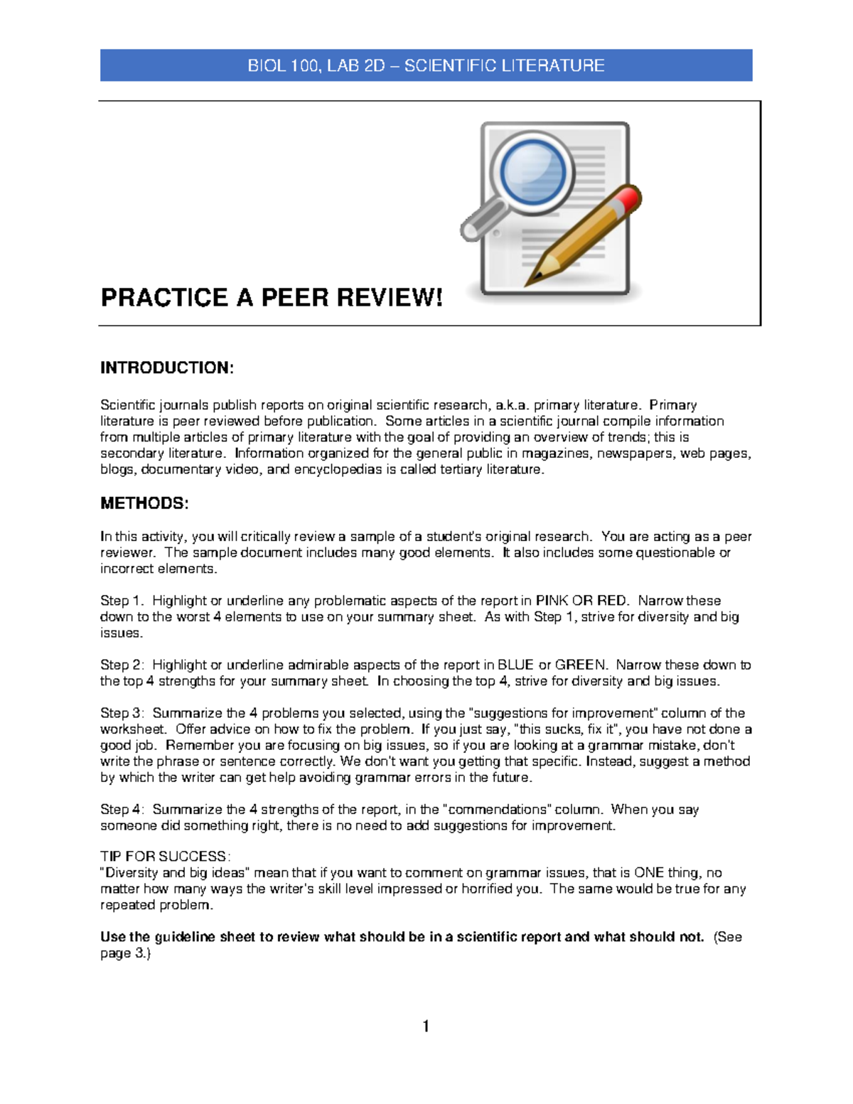 Completed Lab 2d - Scientific Lit Peer Review - PRACTICE A PEER REVIEW ...