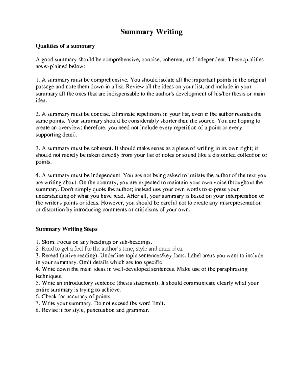 Summary, exercise - Summary Writing Qualities of a summary A good ...