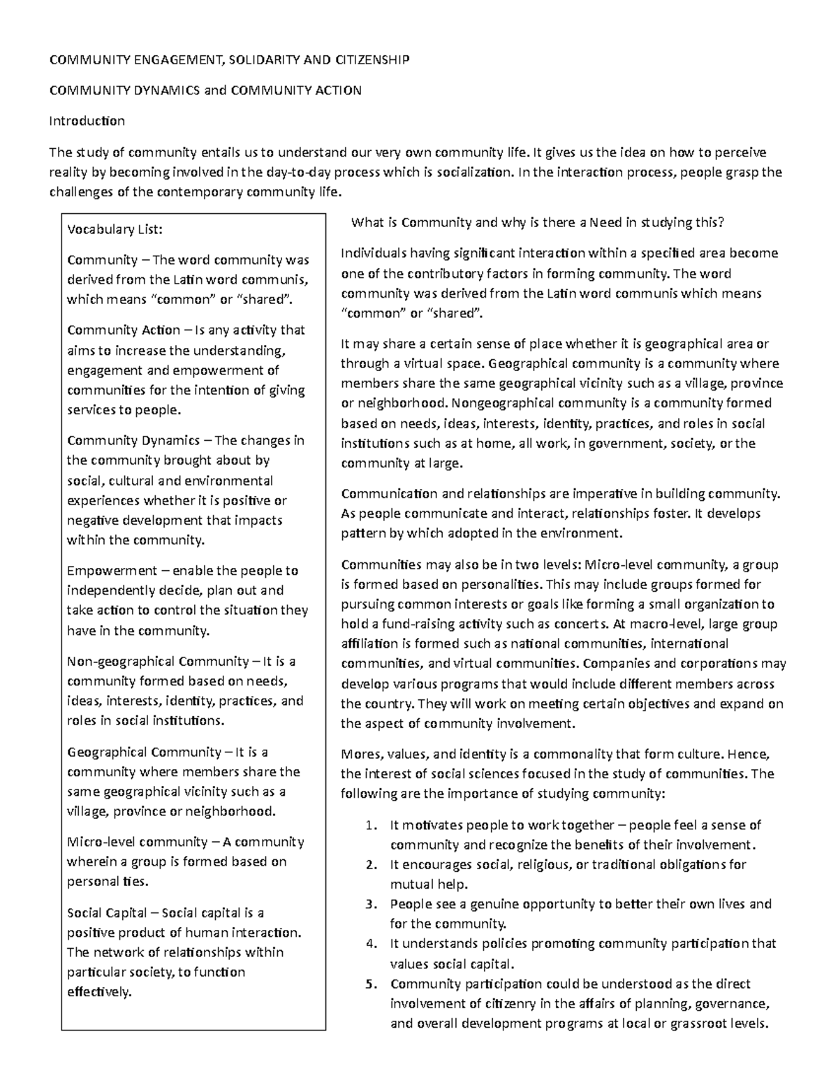 Community Engagement - COMMUNITY ENGAGEMENT, SOLIDARITY AND CITIZENSHIP ...