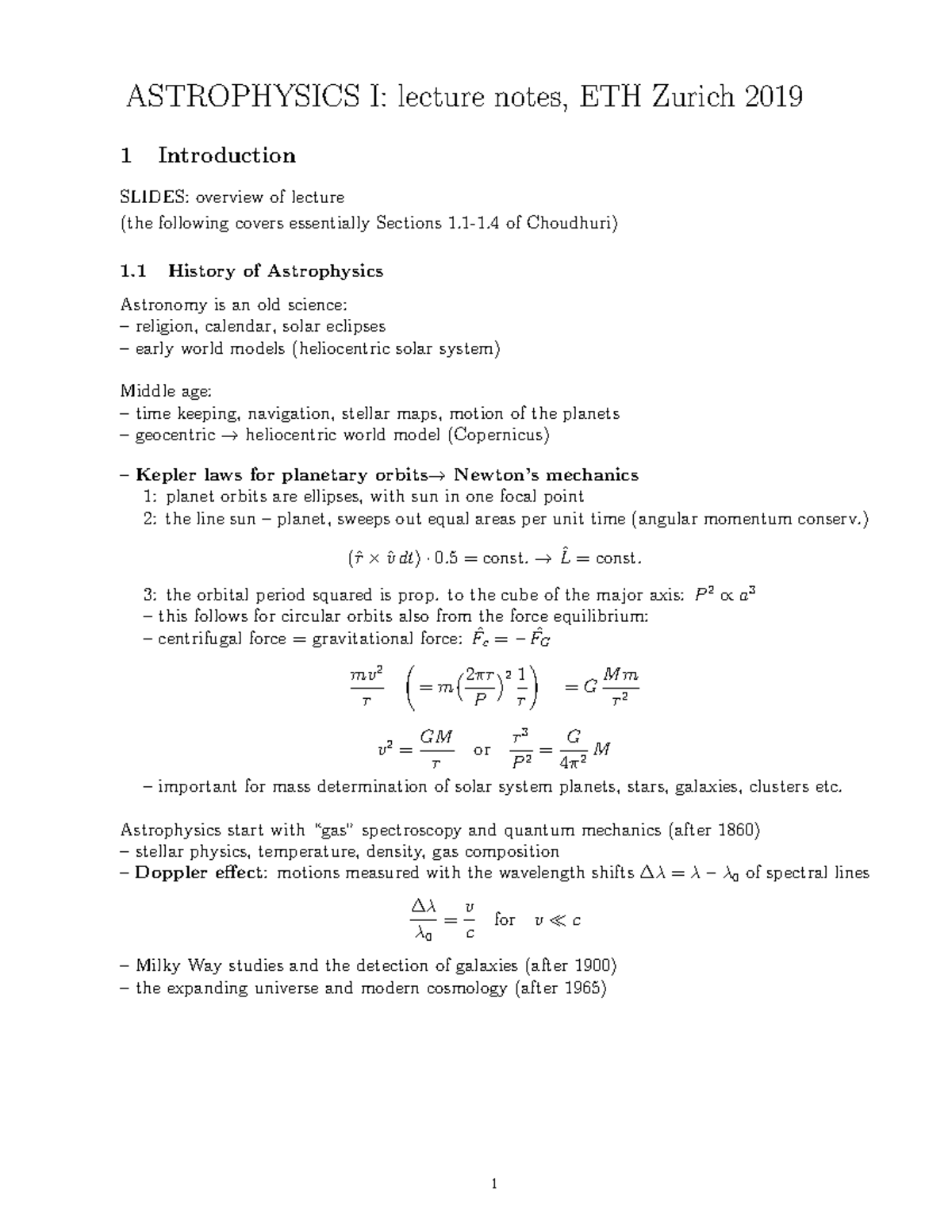 Notes 1 v1 - ASTROPHYSICS I: lecture notes, ETH Zurich 2019 1 ...