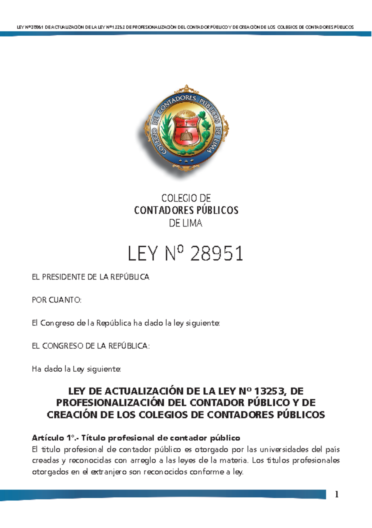 2020 08 13 LEY DE Actualizacion - LEY Nº 28951 EL PRESIDENTE DE LA ...