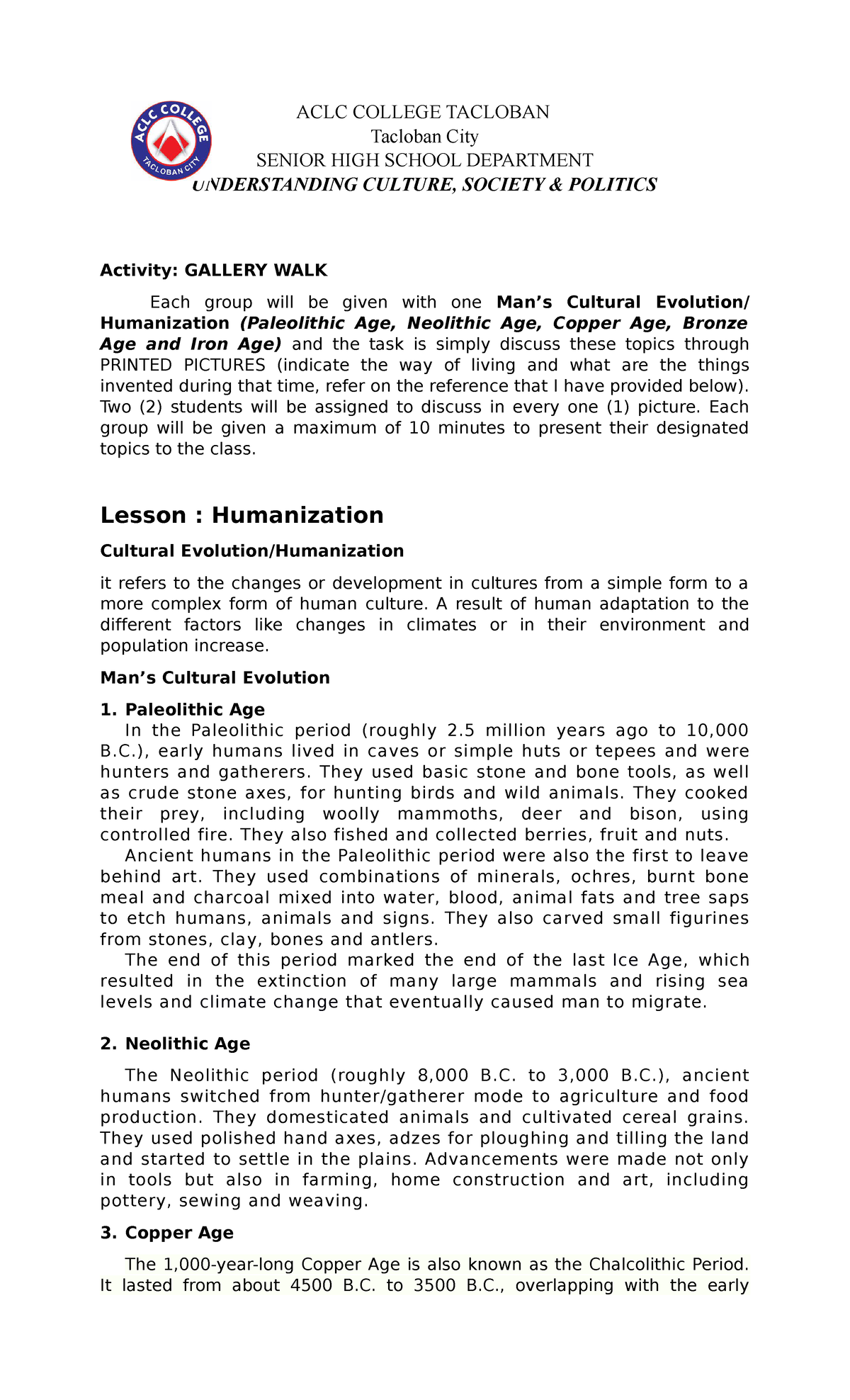 Gallery-WALK- Activity - ACLC COLLEGE TACLOBAN Tacloban City SENIOR HIGH SCHOOL DEPARTMENT - Studocu