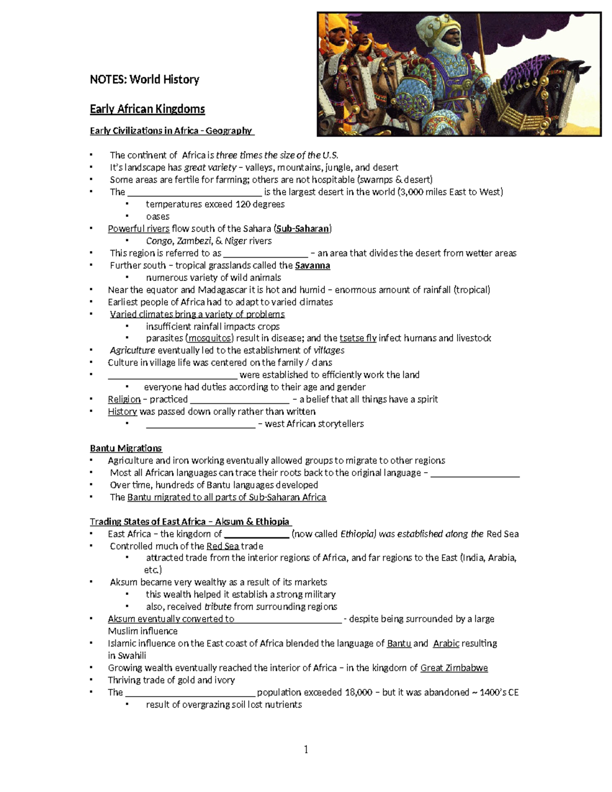 01 Notes - Early African Kingdoms - Blank Notes-1 - NOTES: World ...