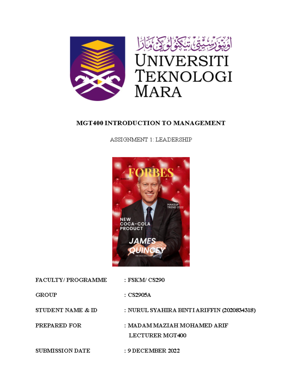 Leadership of A Leader - MGT400 INTRODUCTION TO MANAGEMENT ASSIGNMENT 1 ...