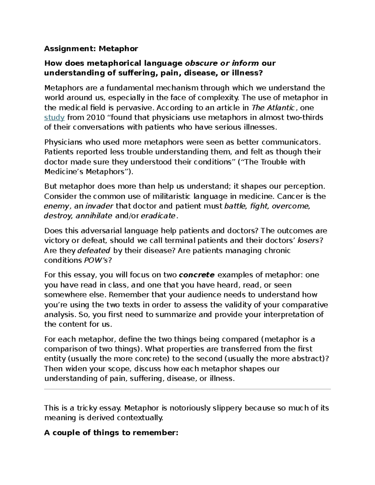 Metaphor Assignment - Methaphor essay prompt - Assignment: Metaphor How ...