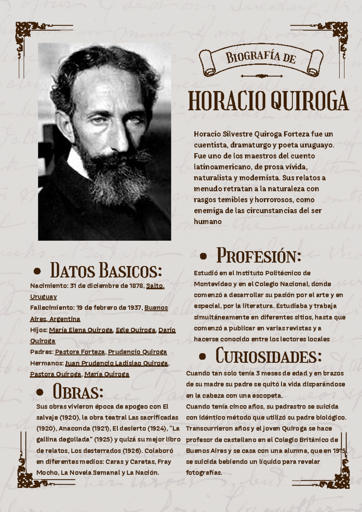 Biografia de horacio quiroga 2 - HORACIO QUIROGA B i o g r a f í a d e Horacio Silvestre Quiroga ...