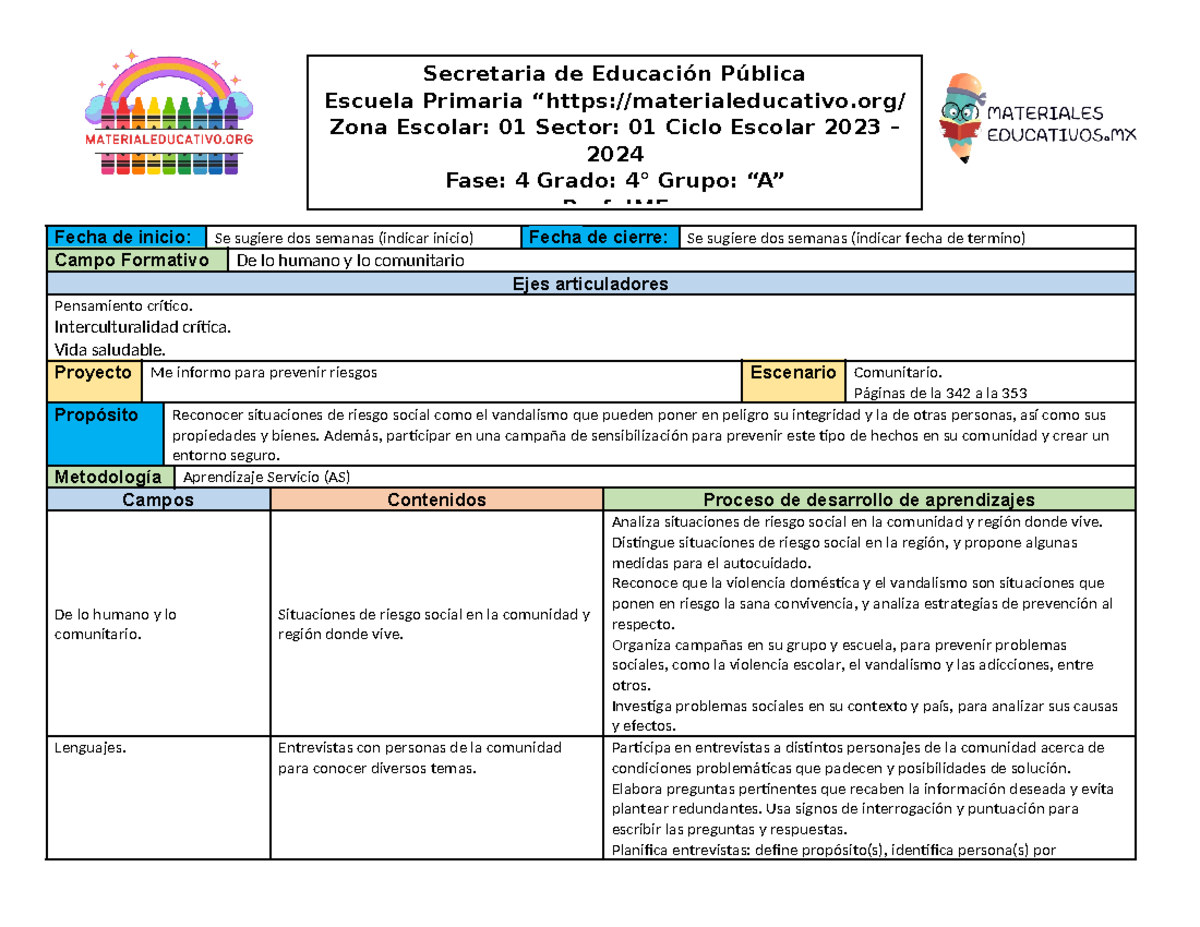 Planeacion Del 4to Grado 02 Me informo para prevenir riesgos 2023-2024 ...