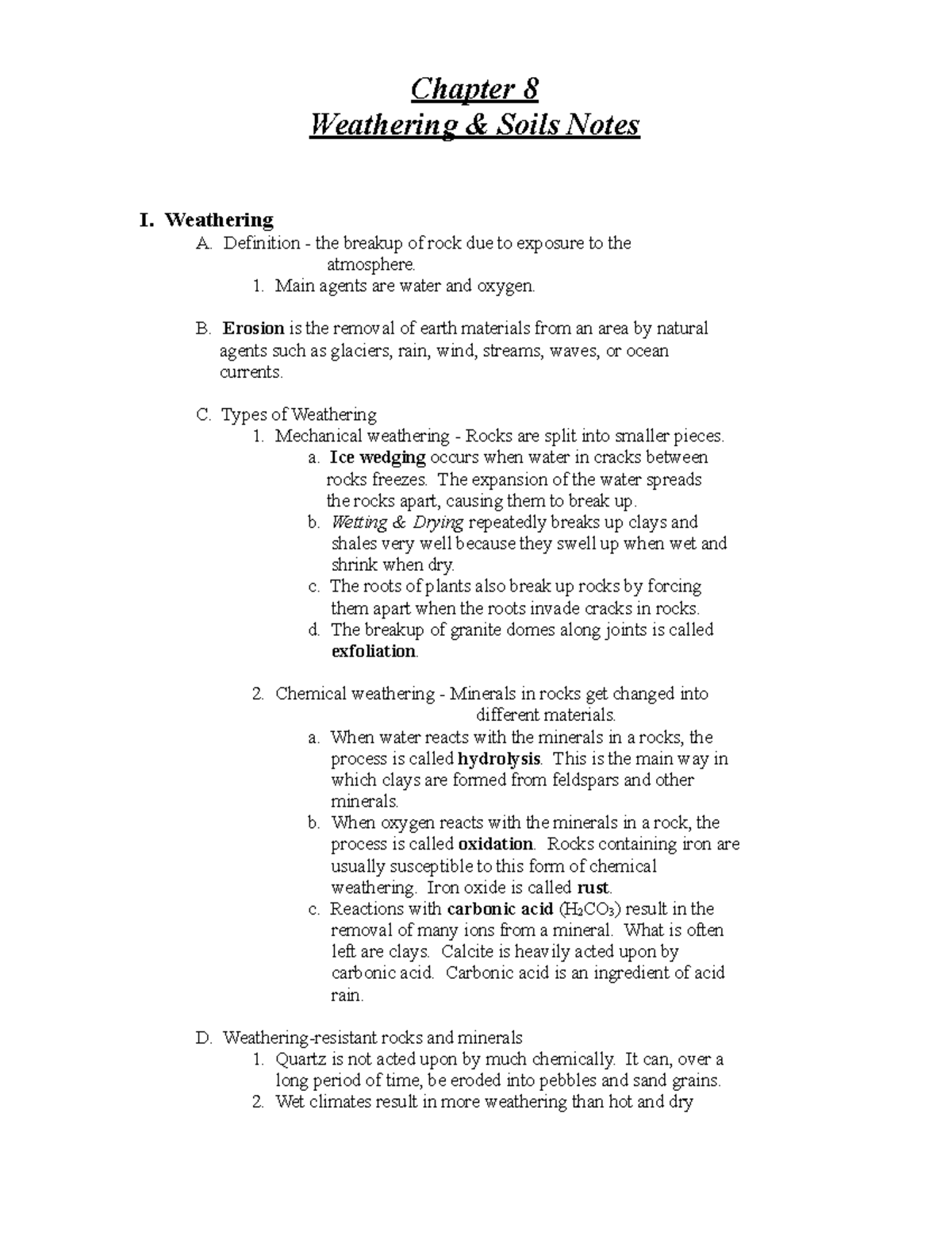 Chapter 8 Weathering Soils Mass Movement Notes - Chapter 8 Weathering ...