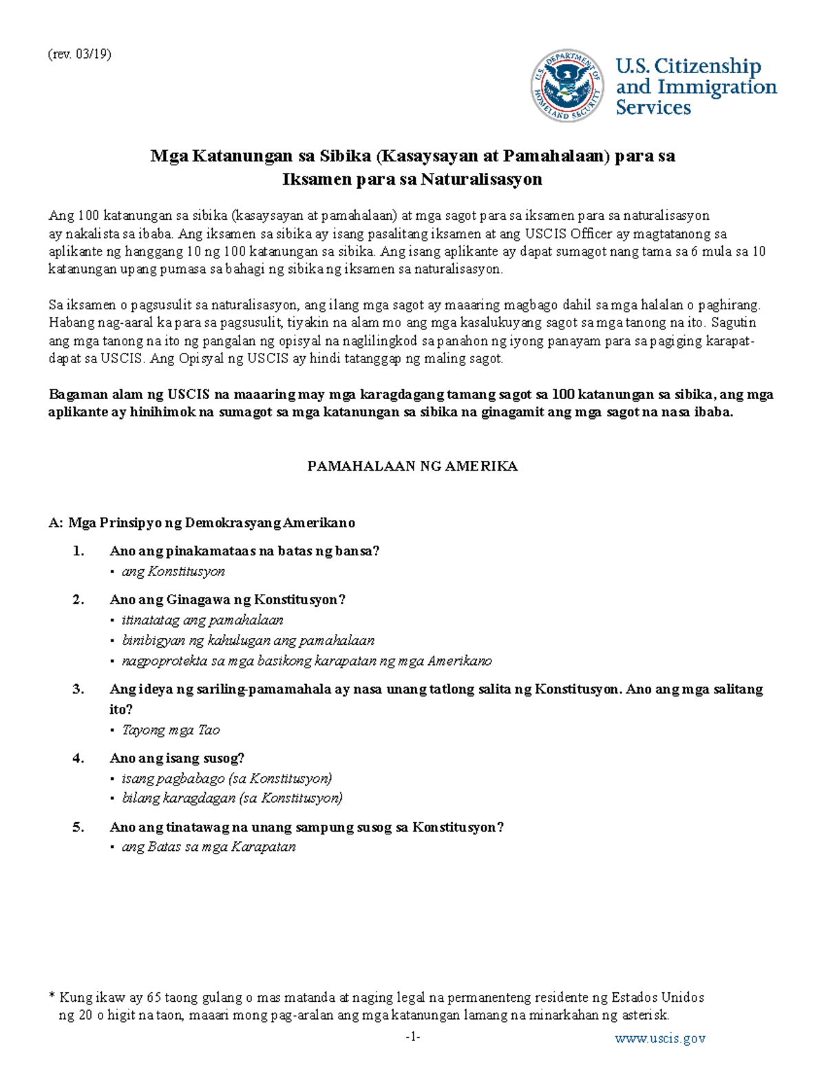 100q Tagalog - Ms. Dizon -1- Kung ikaw ay 65 taong gulang o mas matanda ...