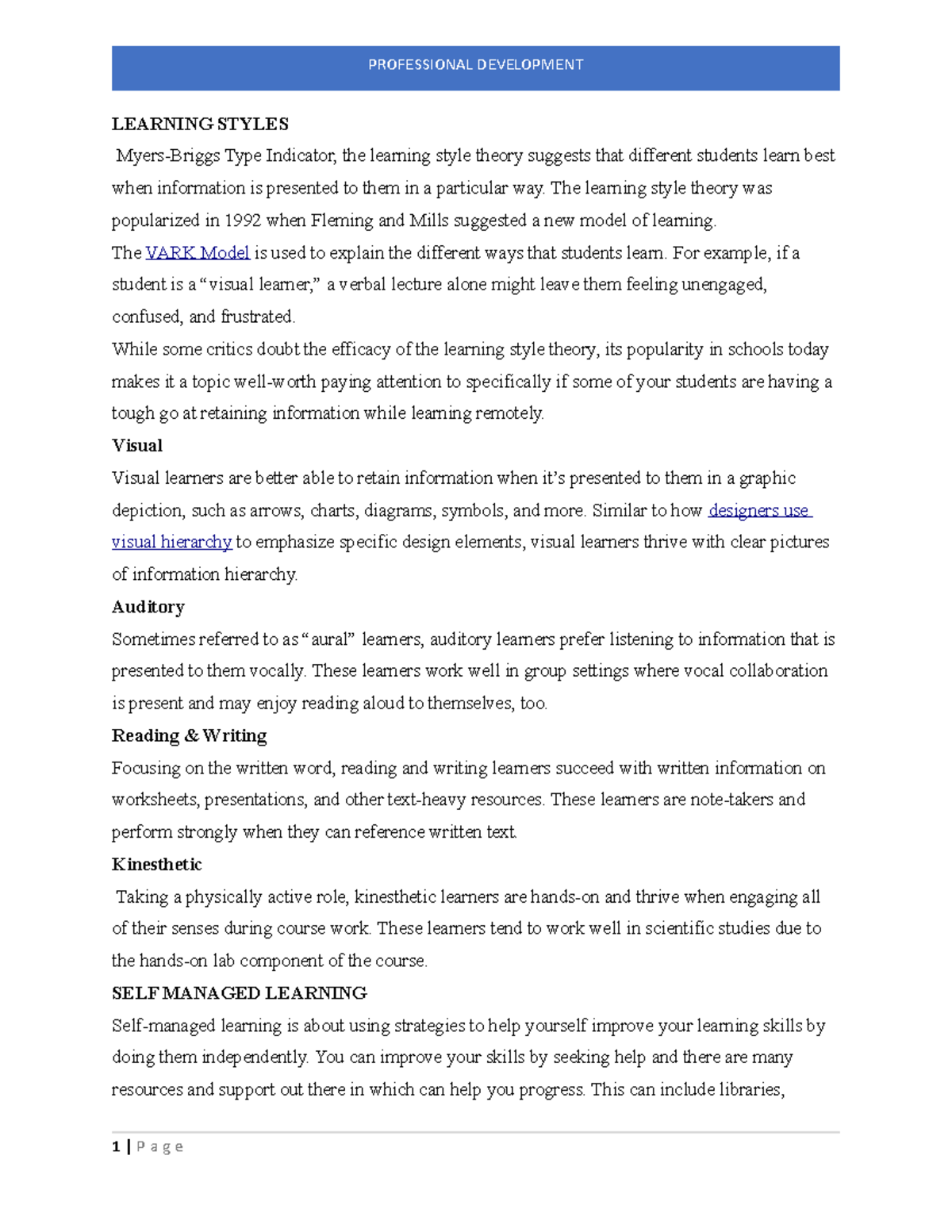 Learning Styles - LEARNING STYLES Myers-Briggs Type Indicator, the ...