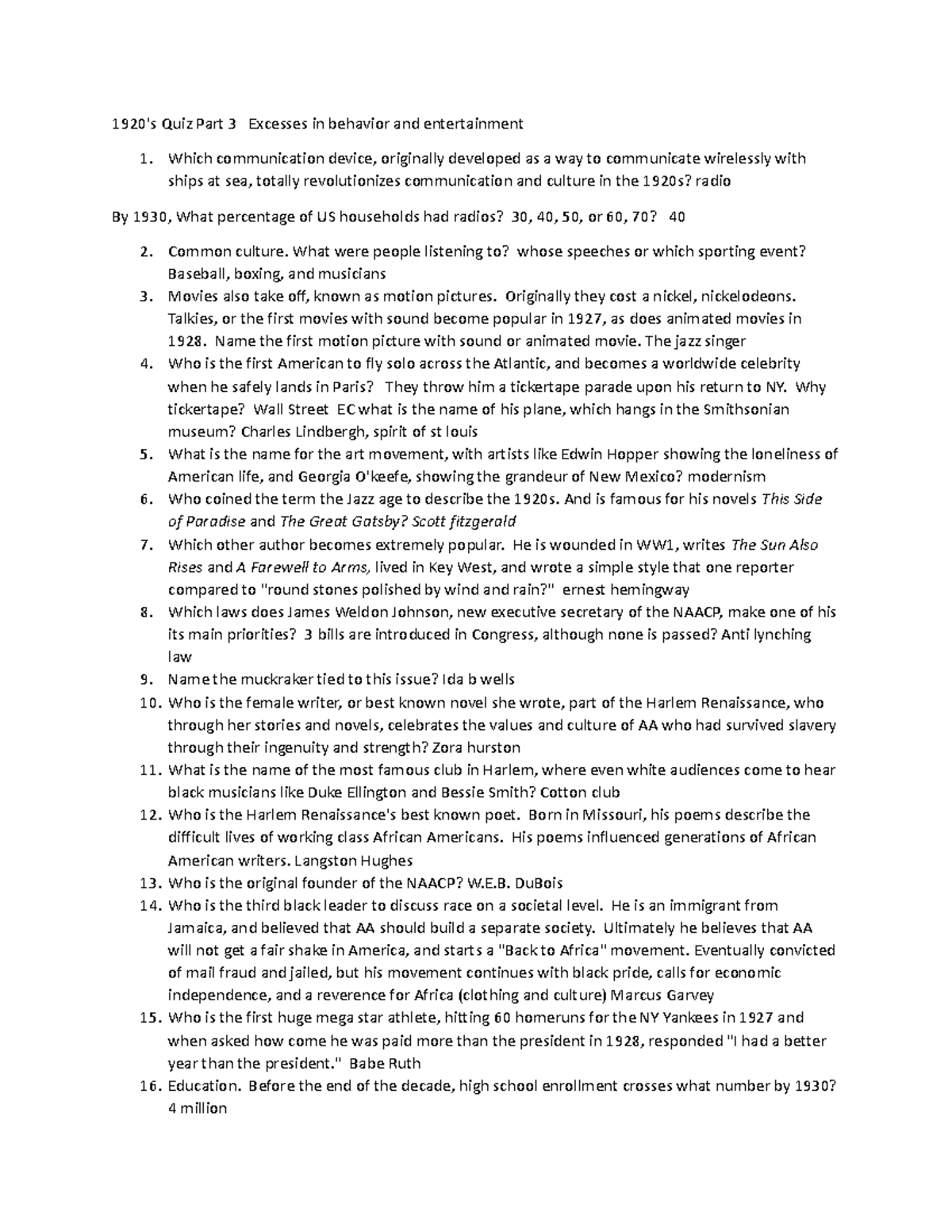 1920s Quiz 3.... - 1920's Quiz Part 3 Excesses in behavior and ...