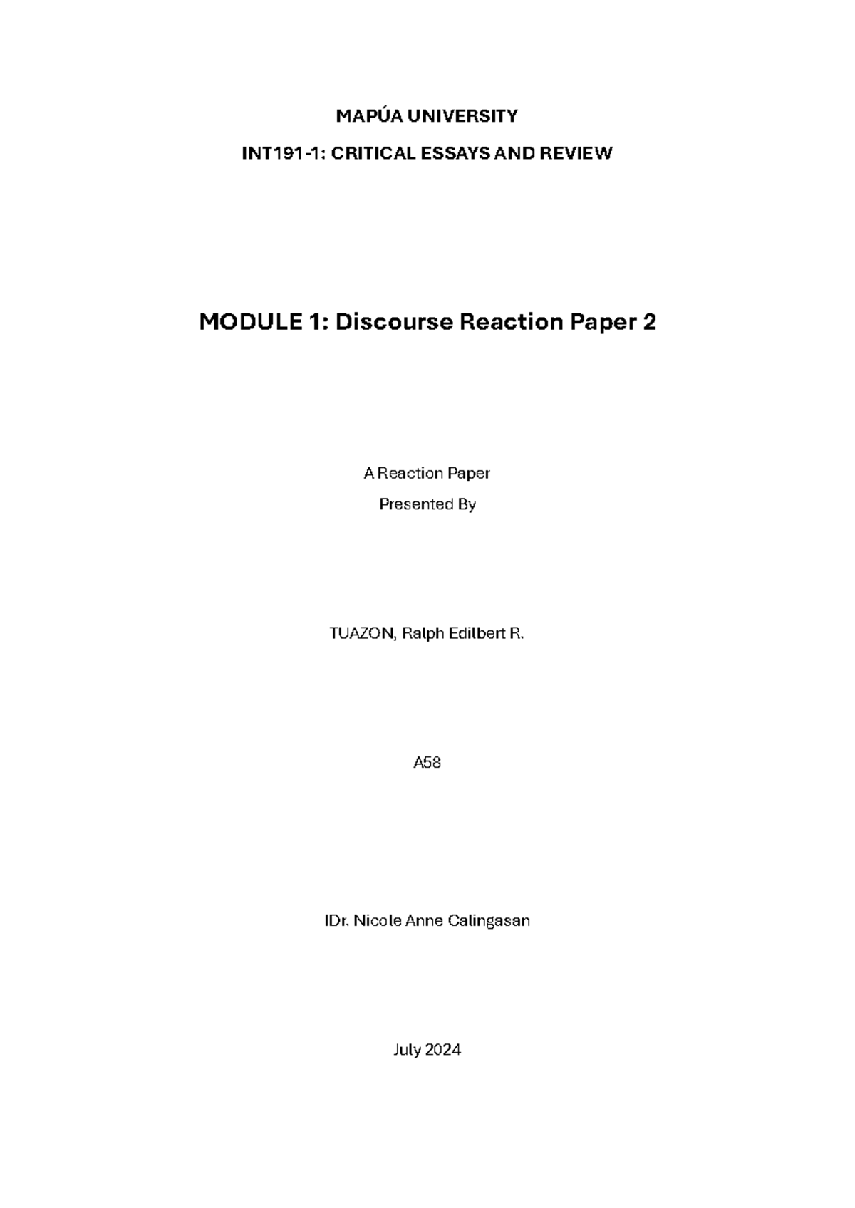 MODULE 1: Discourse Reaction Paper 2 - MAPÚA UNIVERSITY INT191-1 ...