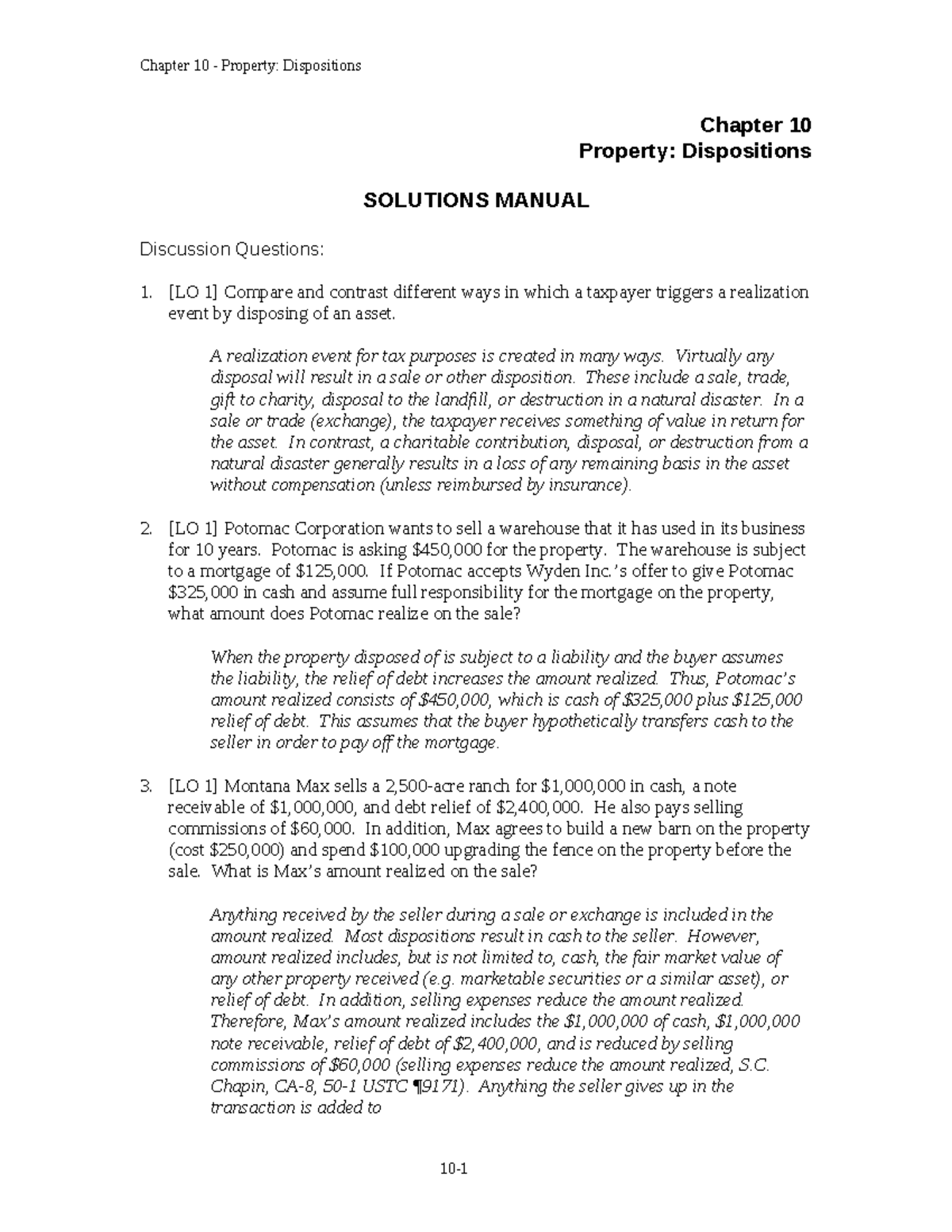 Tax 2011 chapter 10 - assessment - Chapter 10 Property: Dispositions SOLUTIONS MANUAL Discussion ...