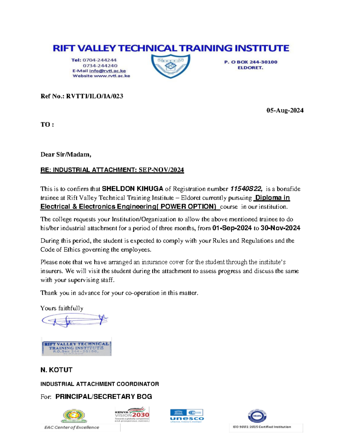 Sheldon ATT - SAMPLE OF ATTACHMENT APPLICATION LETTER - Ref No.: RVTTI ...