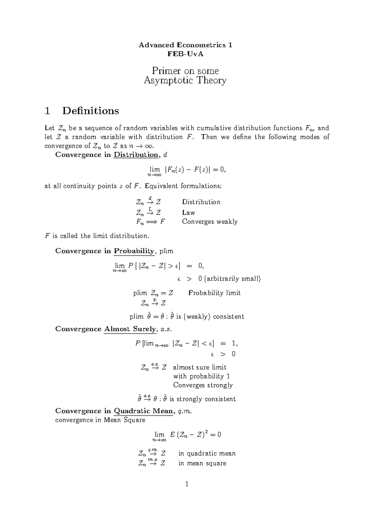 Primer Asymp Theory - exam - Advanced Econometrics 1 FEB-UvA Primer on some Asymptotic Theory 1 ...