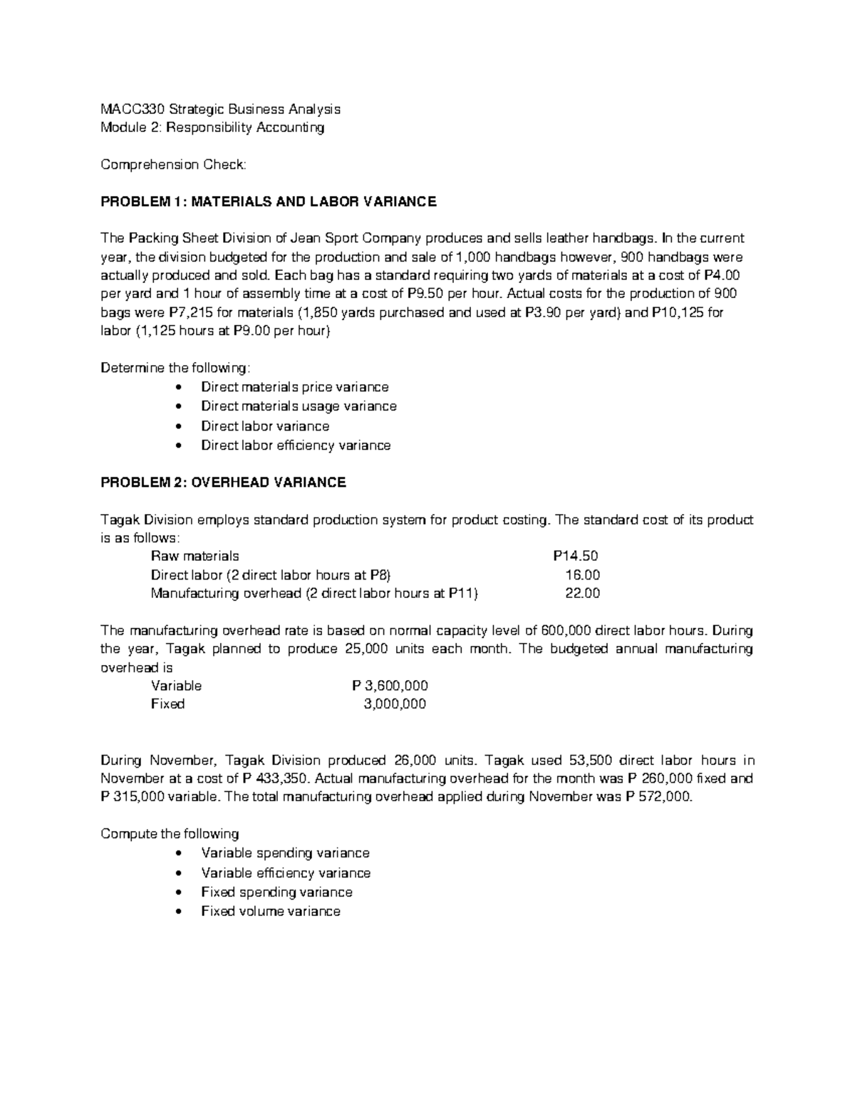Module 2 Responsibility Accounting - MACC330 Strategic Business ...