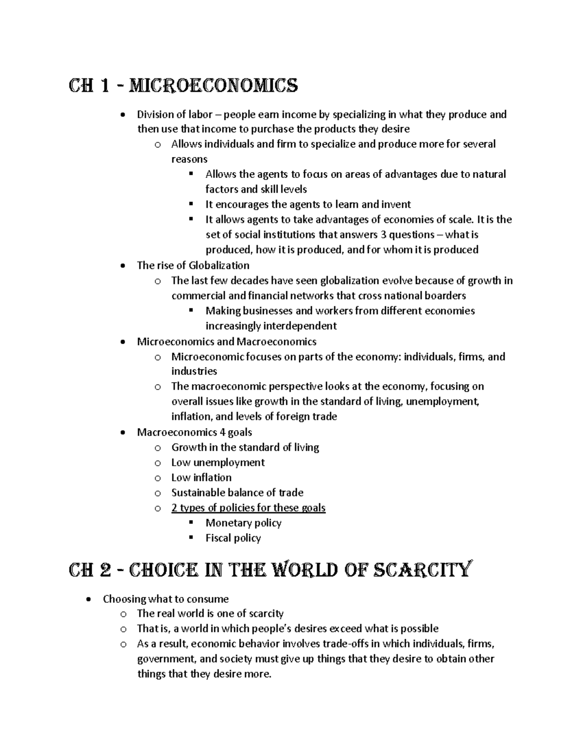 Principles of economics - Ch 1 - Microeconomics Division of labor ...