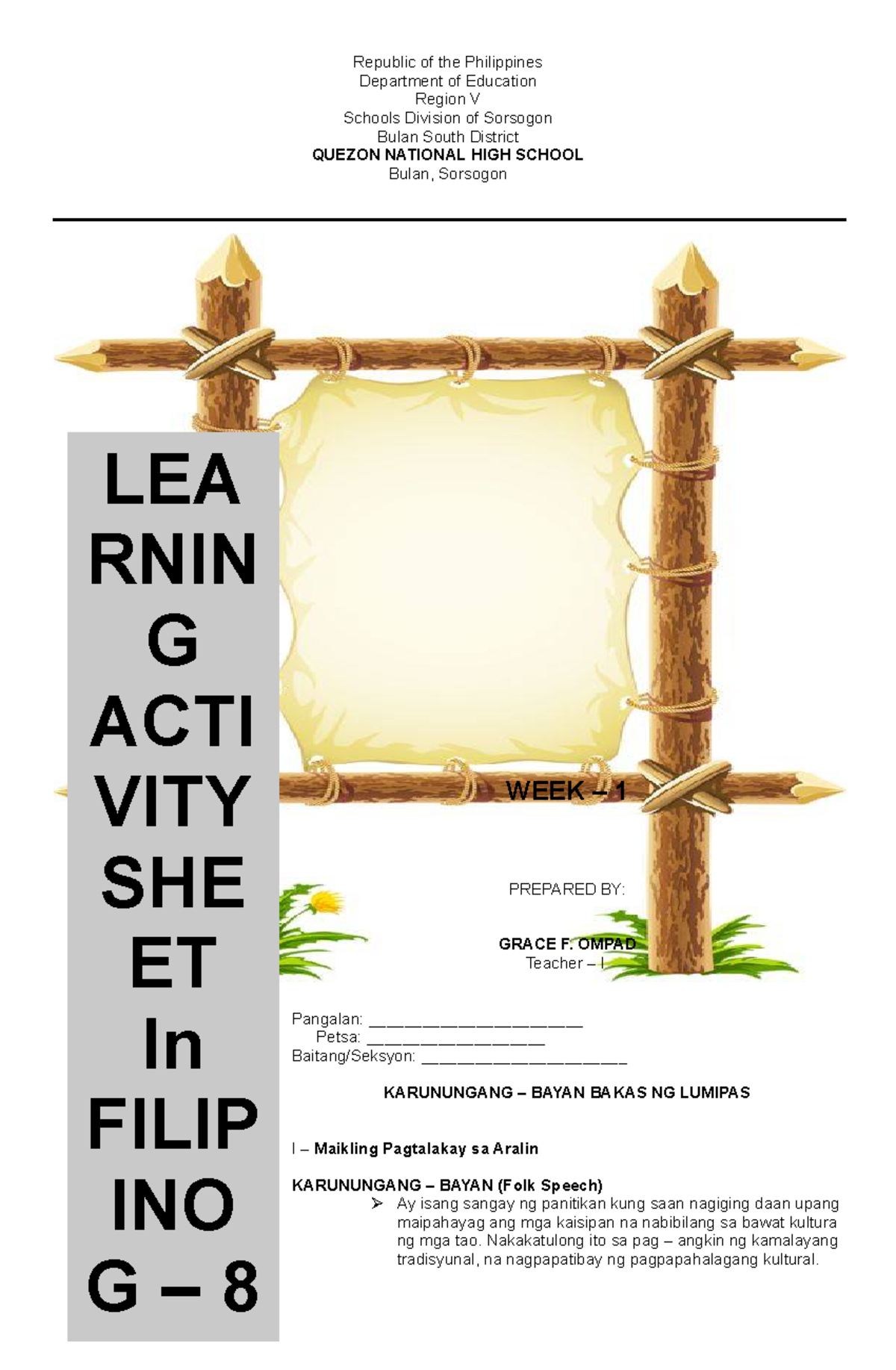 LAS Activity Sheet - Republic of the Philippines Department of Education Region V Schools ...