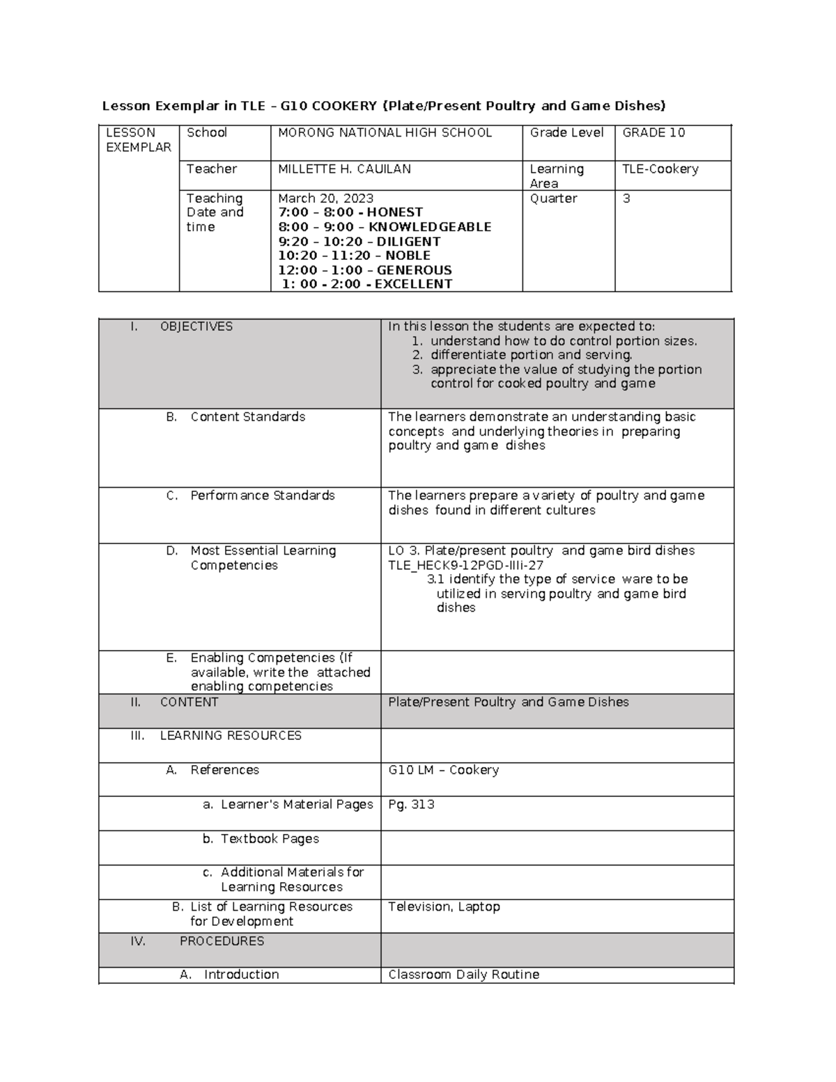 Plate-Present-Poultry-and-Game-Dishes - Lesson Exemplar in TLE – G10 ...
