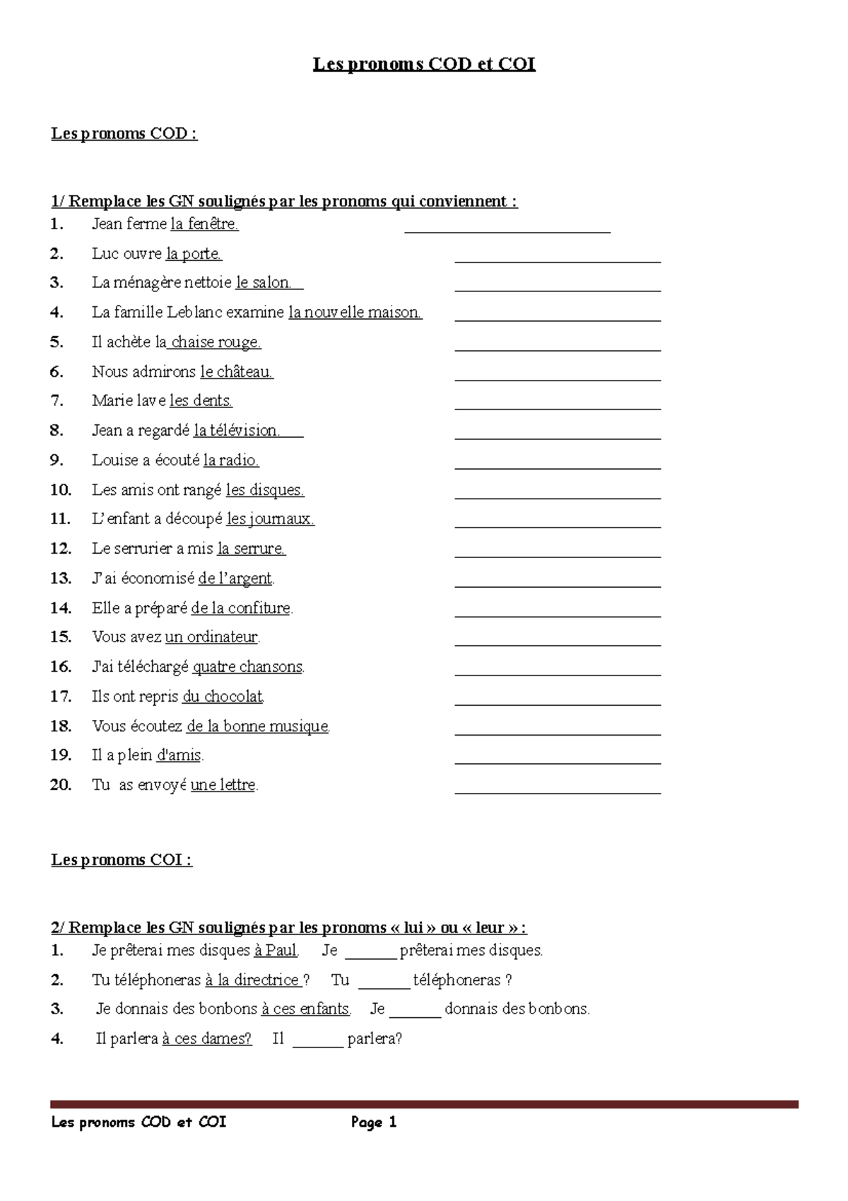 2-les pronoms COD et COI exercices - Les pronoms COD et COI Les pronoms ...