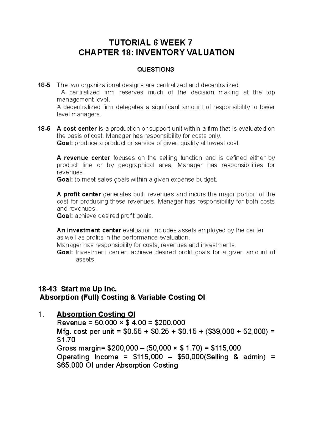 AC4417 Tutorial 6 Week 7 Inventory Valuation Student Solutions - TUTORIAL 6 WEEK 7 CHAPTER 18 ...