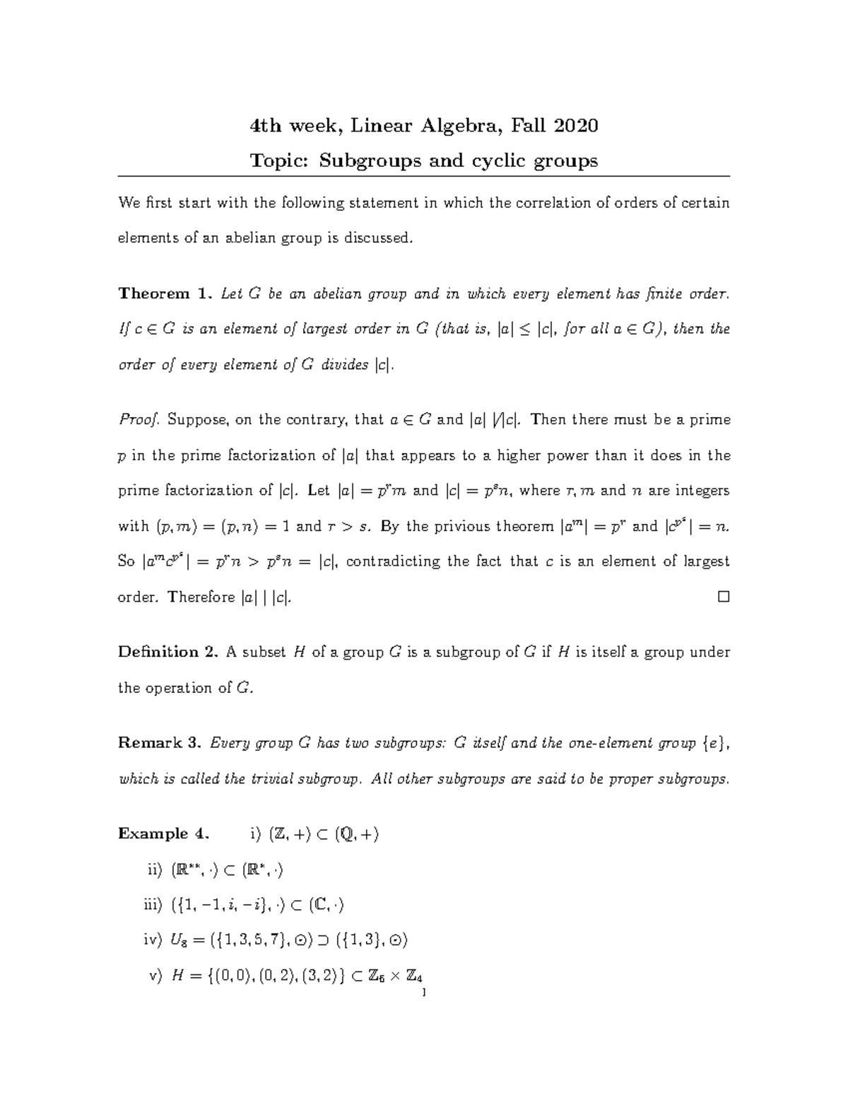 Note4 - Subgroups and cyclic groups - 4th week, Linear Algebra, Fall ...