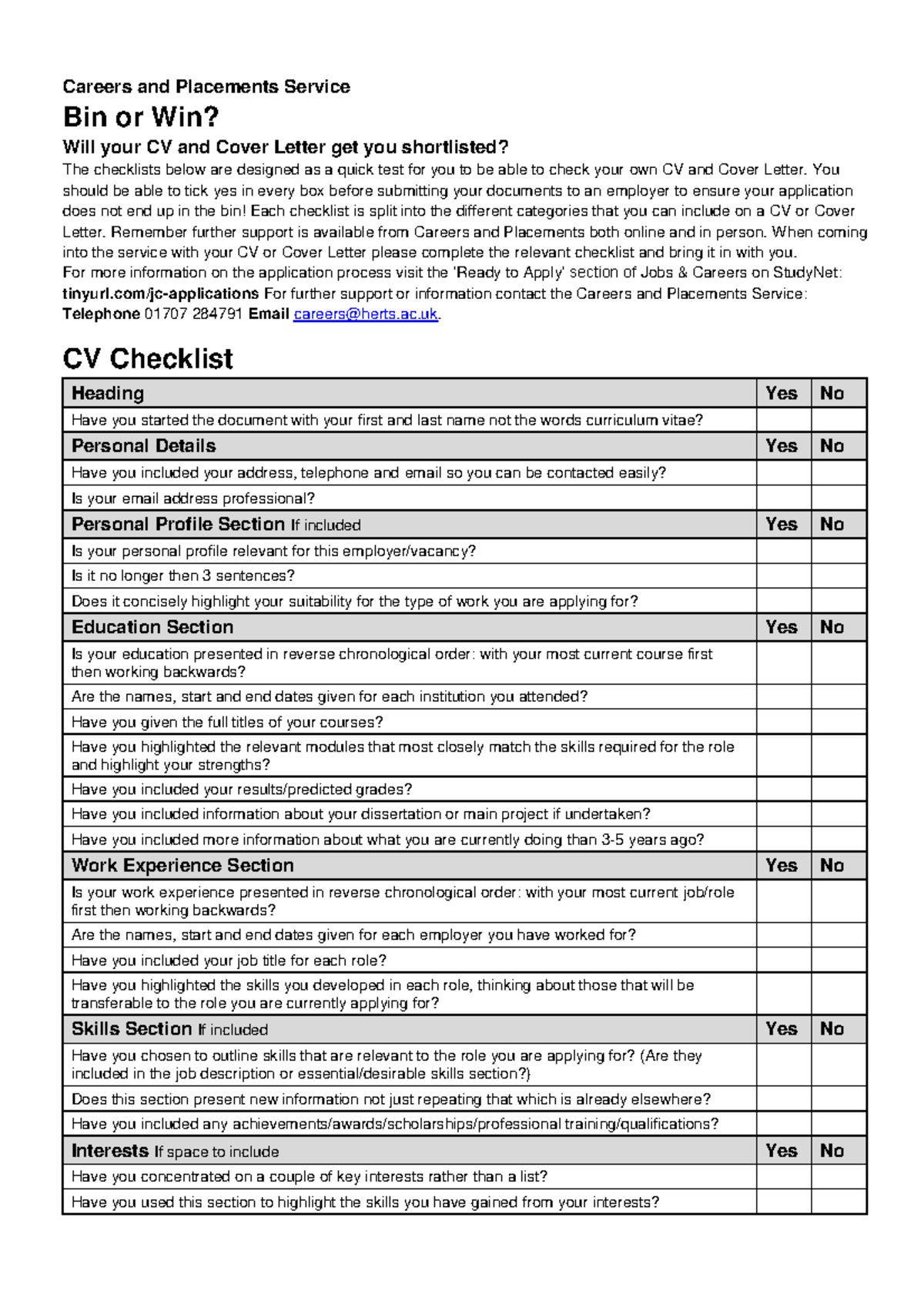 CV Checklist Stage - Careers and Placements Service Bin or Win? Will ...