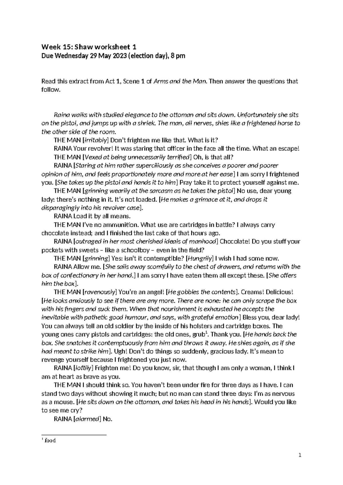 Week 15 Shaw worksheet 1 - Week 15: Shaw worksheet 1 Due Wednesday 29 ...