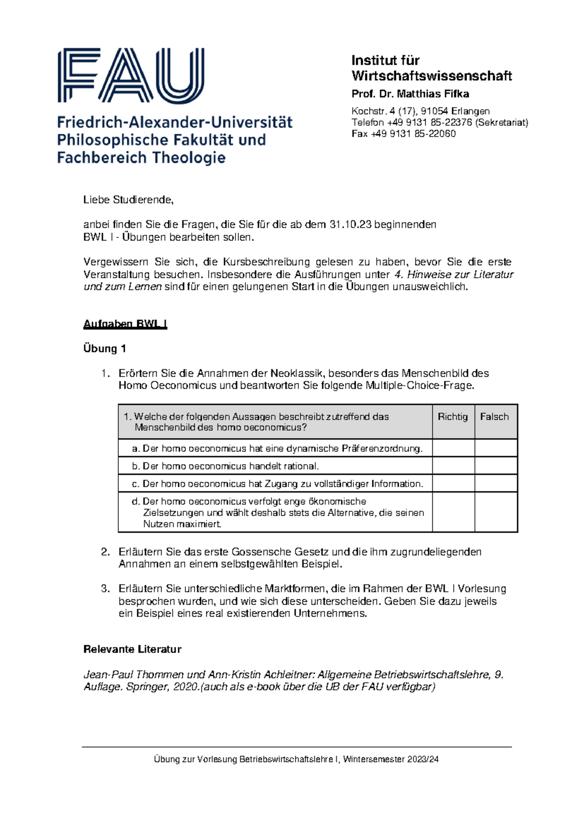 Aufgaben BWL I - U bung 1 - Institut für Wirtschaftswissenschaft Prof ...