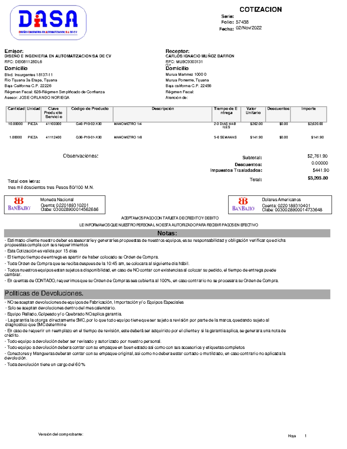 57438 - FSGSG - COTIZACION Serie: Folio: 57438 Fecha: 02/Nov/ Receptor ...