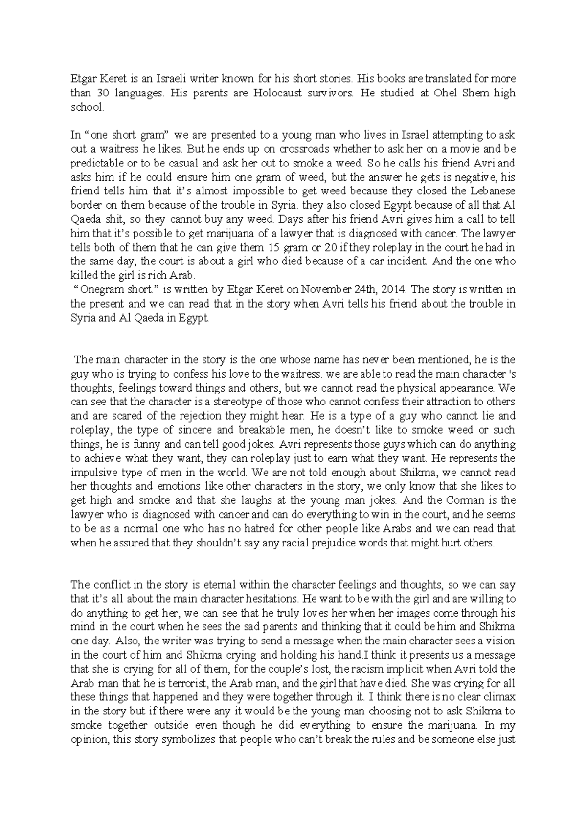 Story Analysis - Nour Moheb - EK17- Engeng 06-18 19 - Etgar Keret is an Israeli writer known for ...