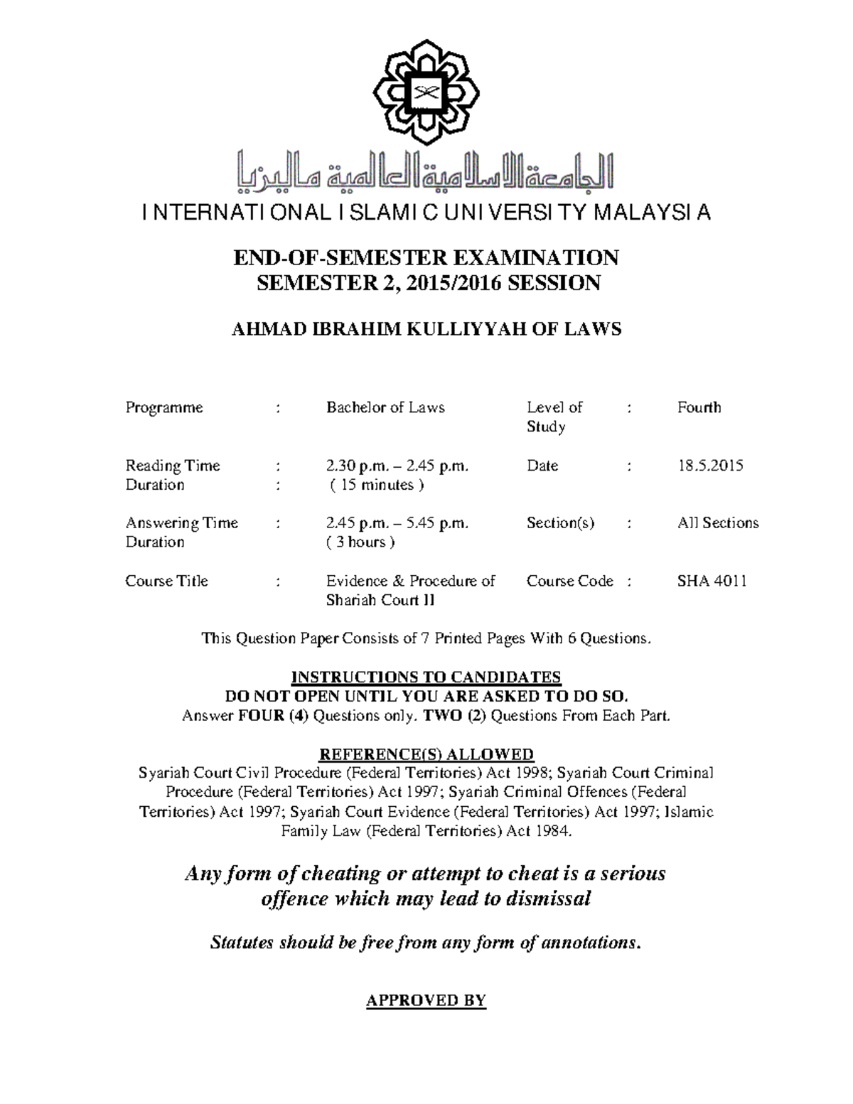 Final Year Sample Examination Paper Semester 2 2015/2016 - I NTERNATI ...