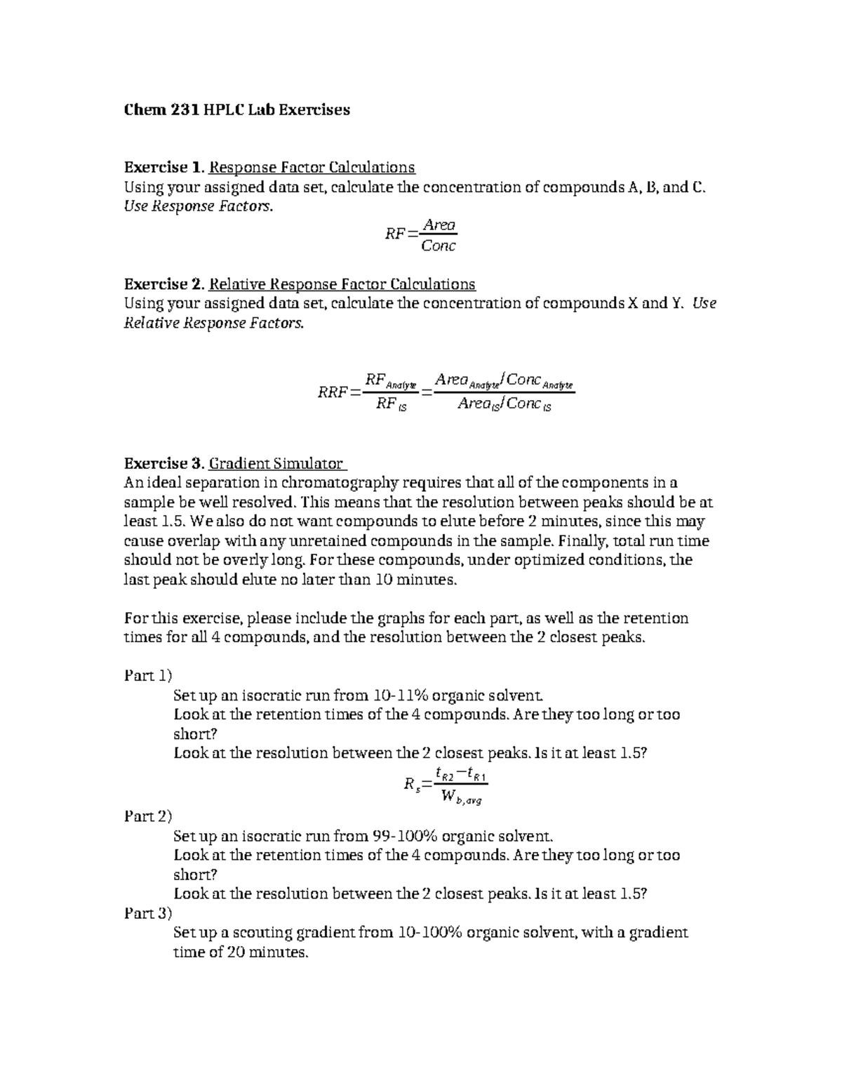 Chem 231 HPLC Directions Spring 2022 - Chem 231 HPLC Lab Exercises ...