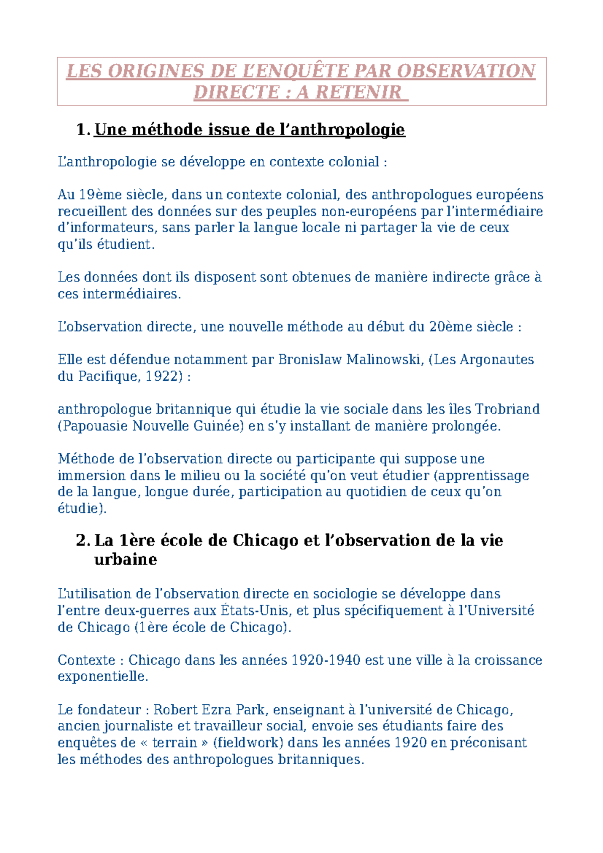 LES Origines DE L’ Enquête PAR Observation Directe A Retenir - LES ...