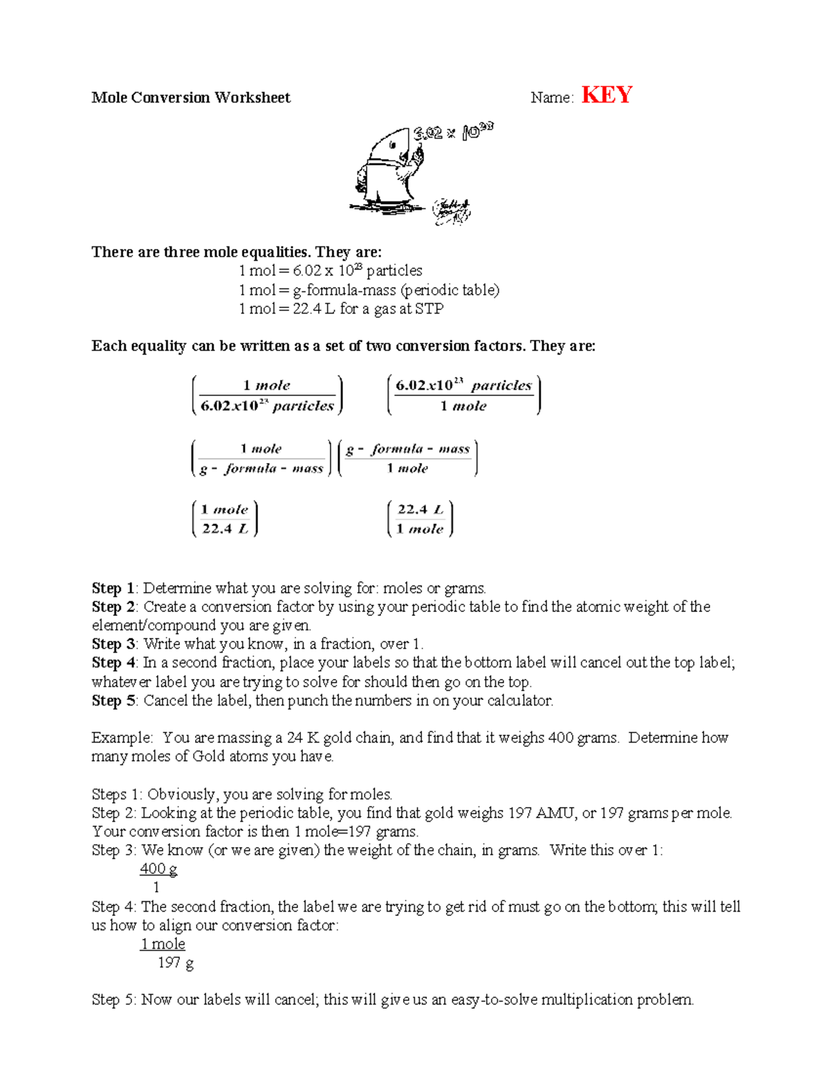 Mole packet answer key - Chem m - Mole Conversion Worksheet Name: KEY ...